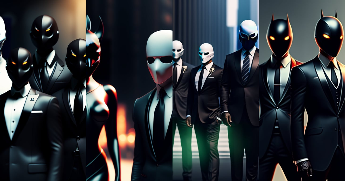 Lexica - A group of creepy creatures with no face wearing black suits ...