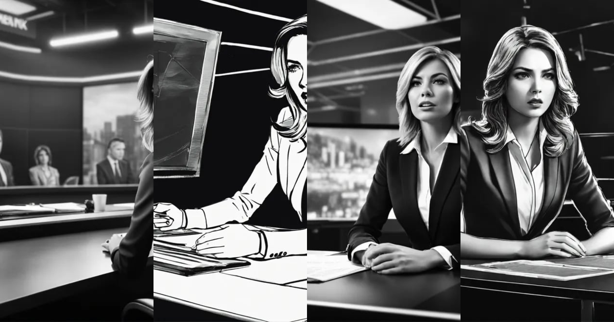 Lexica - Black and white illustration female news reporter, facing ...