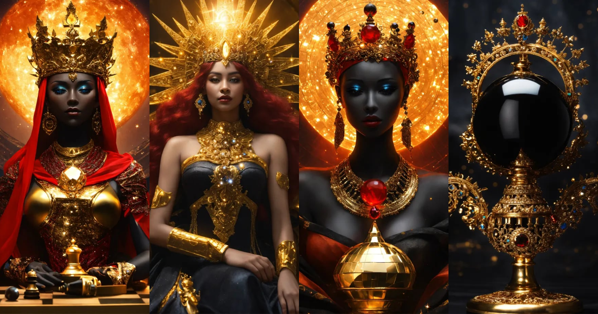 Lexica - Minimalism. Black Solar Queen with long oversized red flowing ...