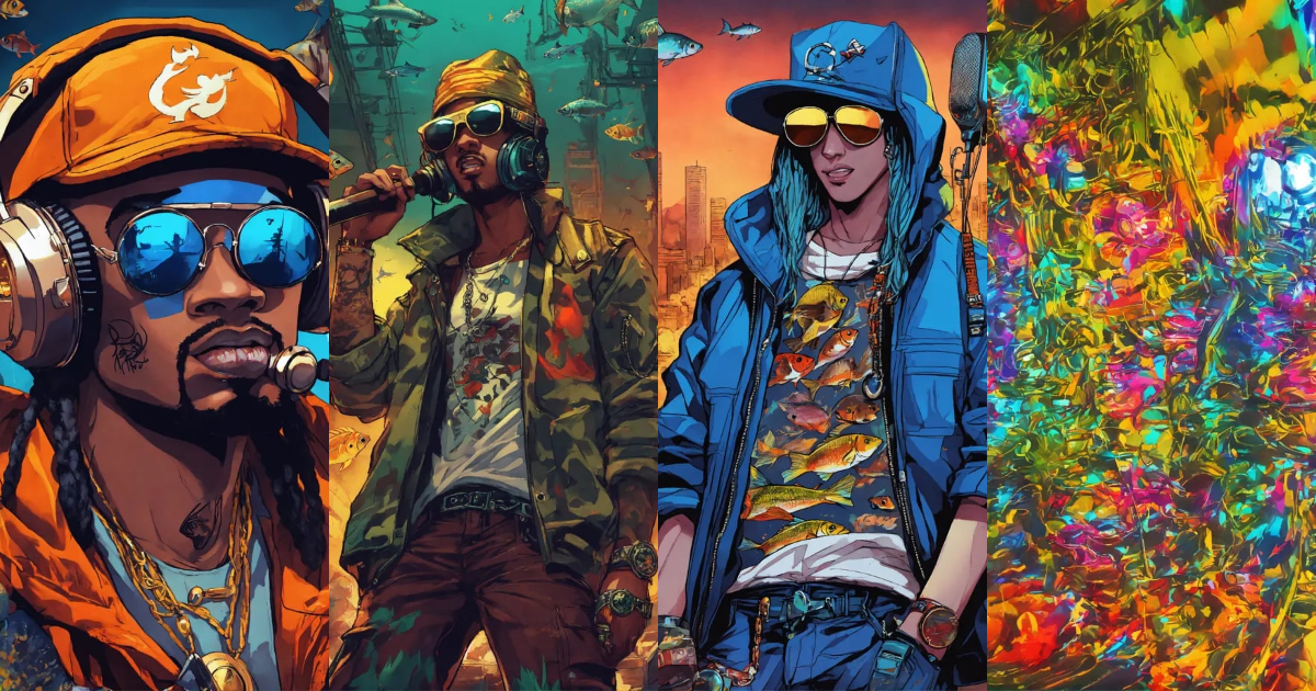 Lexica - A crazy gangster rap, heavy metal mix music style, fish, comic ...