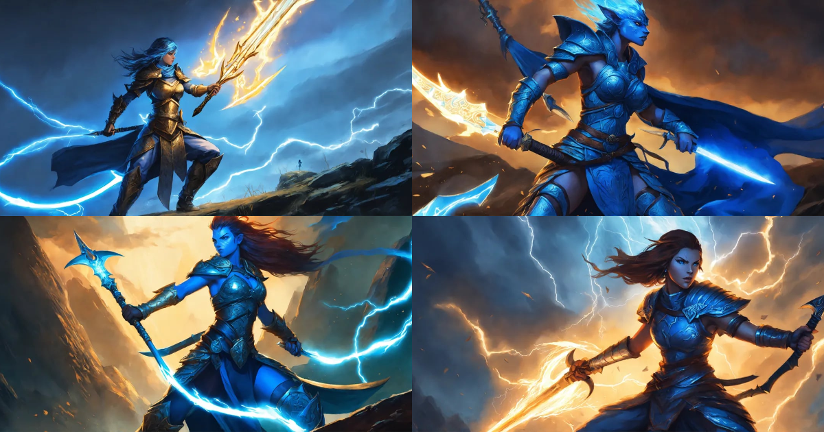 Lexica - Blue female Dragonborn warrior, wielding a glaive, heroic pose ...