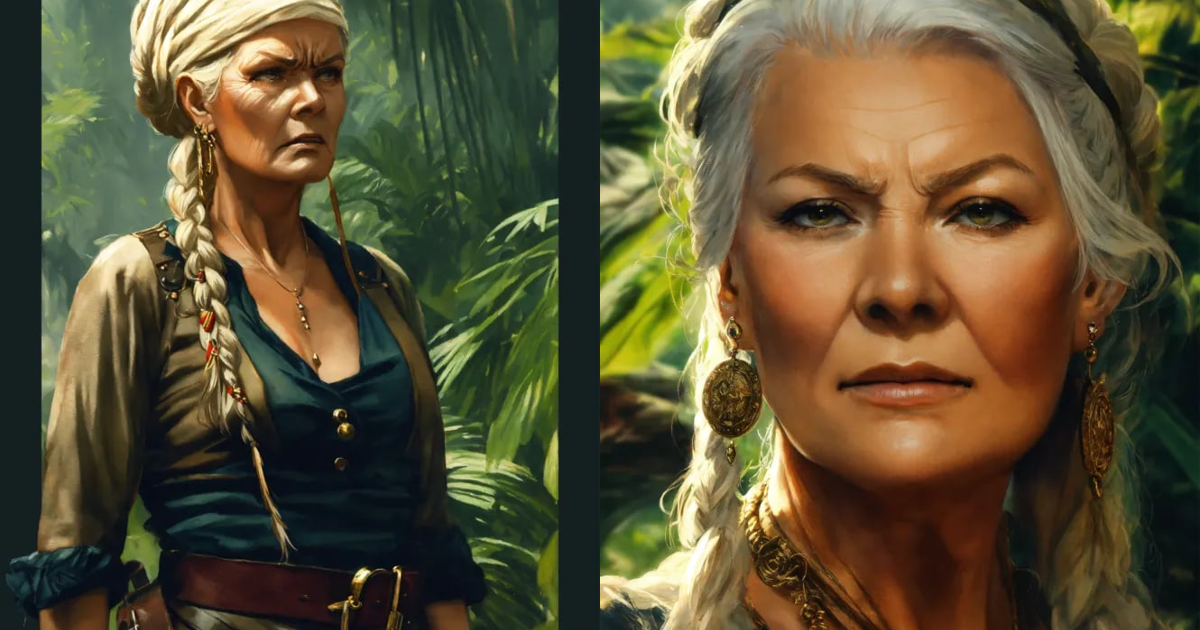 Lexica - 3/4 body shot, judi dench as an Old veteran female pirate ...