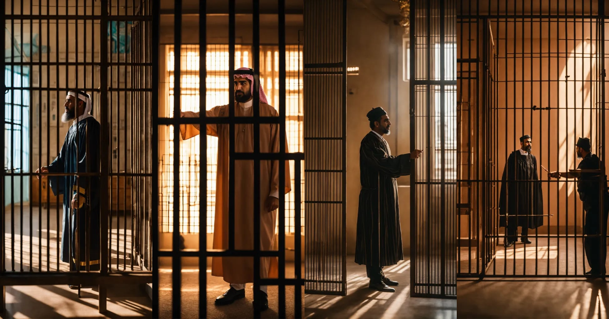 Lexica - A middle eastern judge pointing at a prisoner behind bars ...