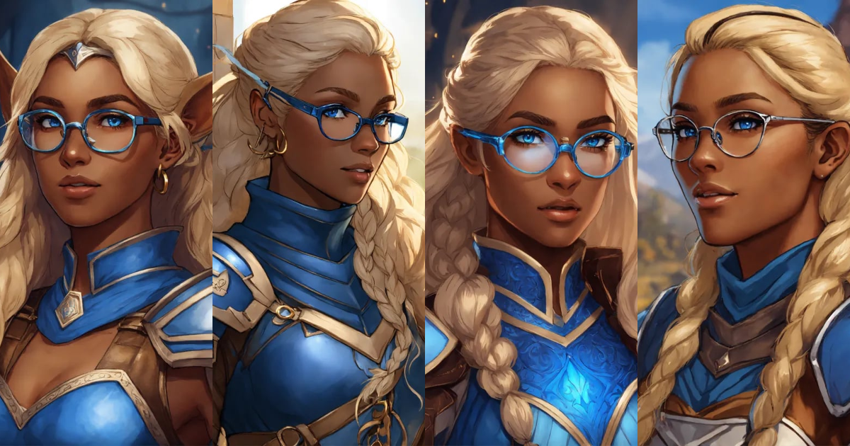 Lexica - A very brown skinned half elf woman, wearing glasses with deep ...