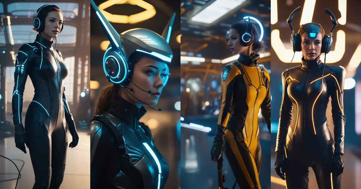 Lexica - Wide shot of a female super spy wearing a tight futuristic spy ...