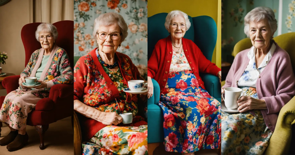 Lexica - British grandma, aged 75-80 she is sat in a high backed arm ...