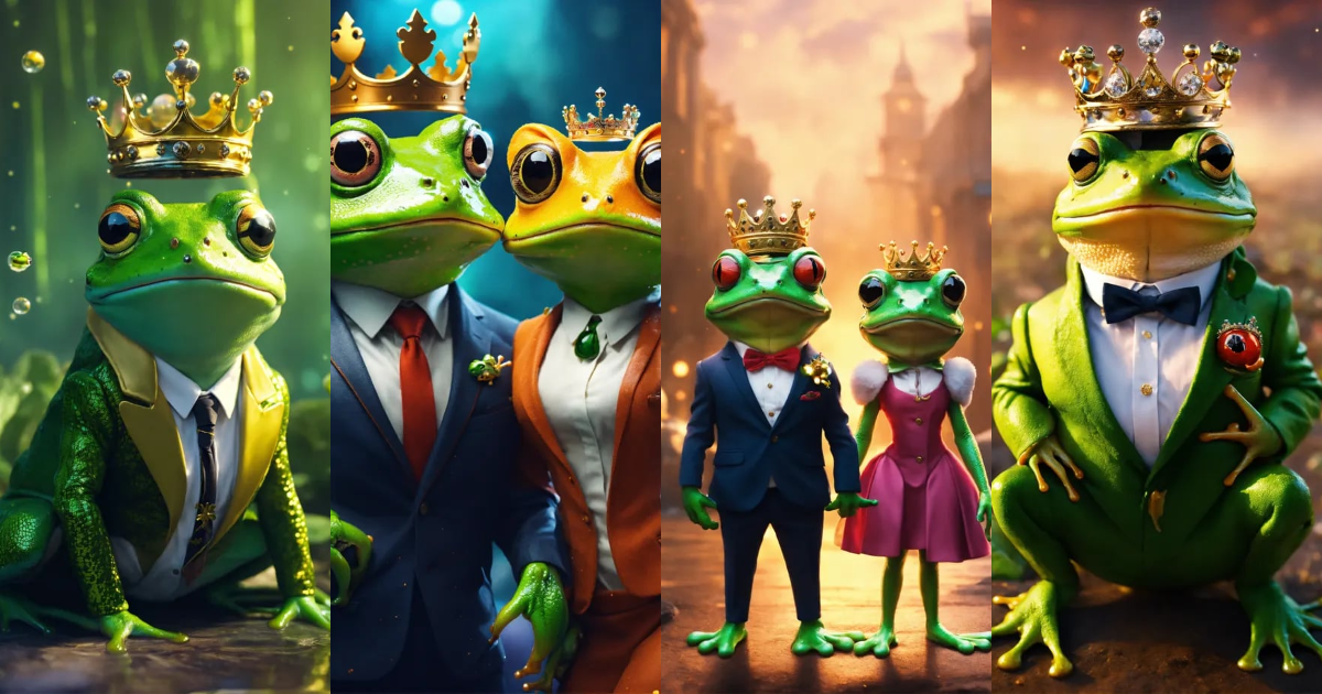 Lexica - Cute frog in suit and crown with lady frog taking a chance ...