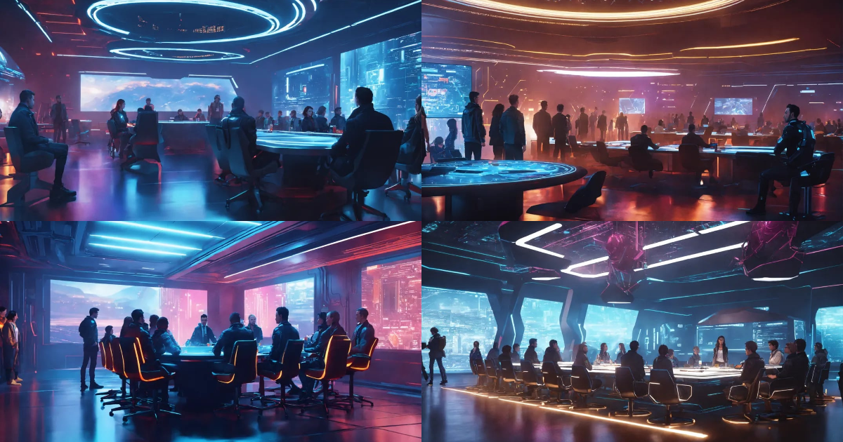 Lexica - People in futuristic conference hall around the table ...