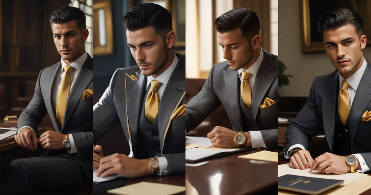 Lexica - A young Italian muscled gentleman in dark grey pinstripe suit, golden tie, pompadour ...