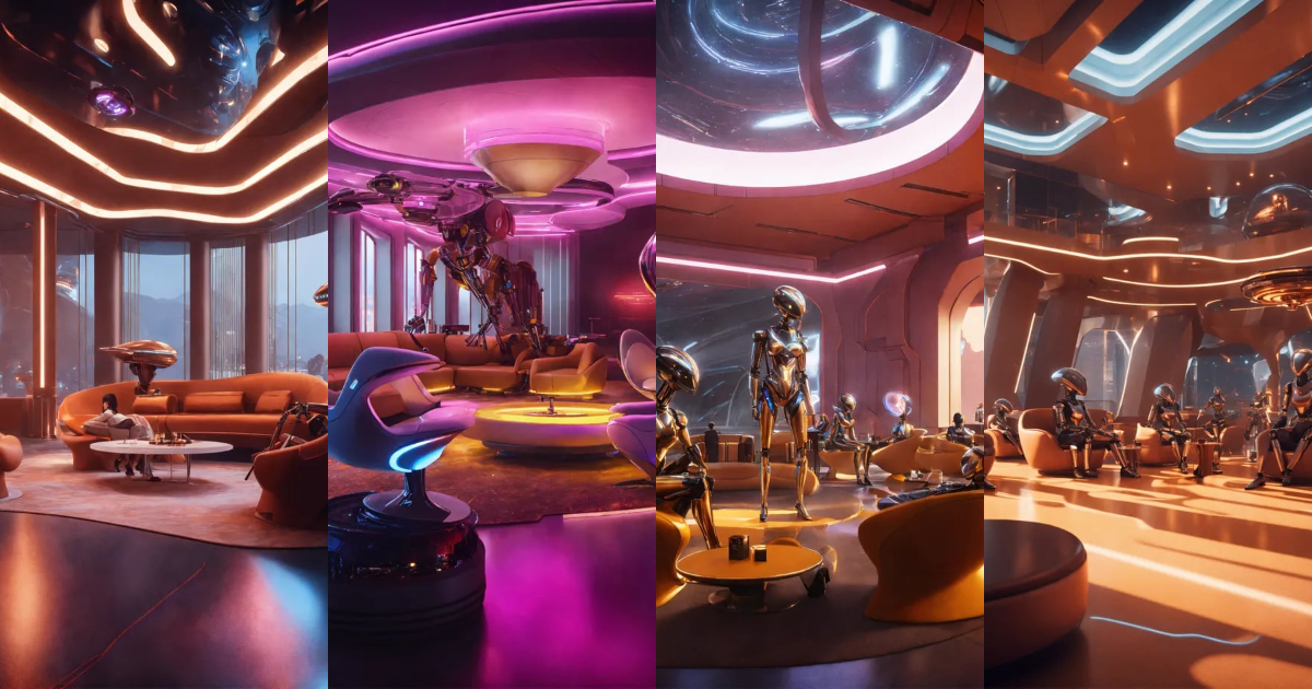 Lexica - Lounge with band of alien robots playing hypnotize a crowd in ...