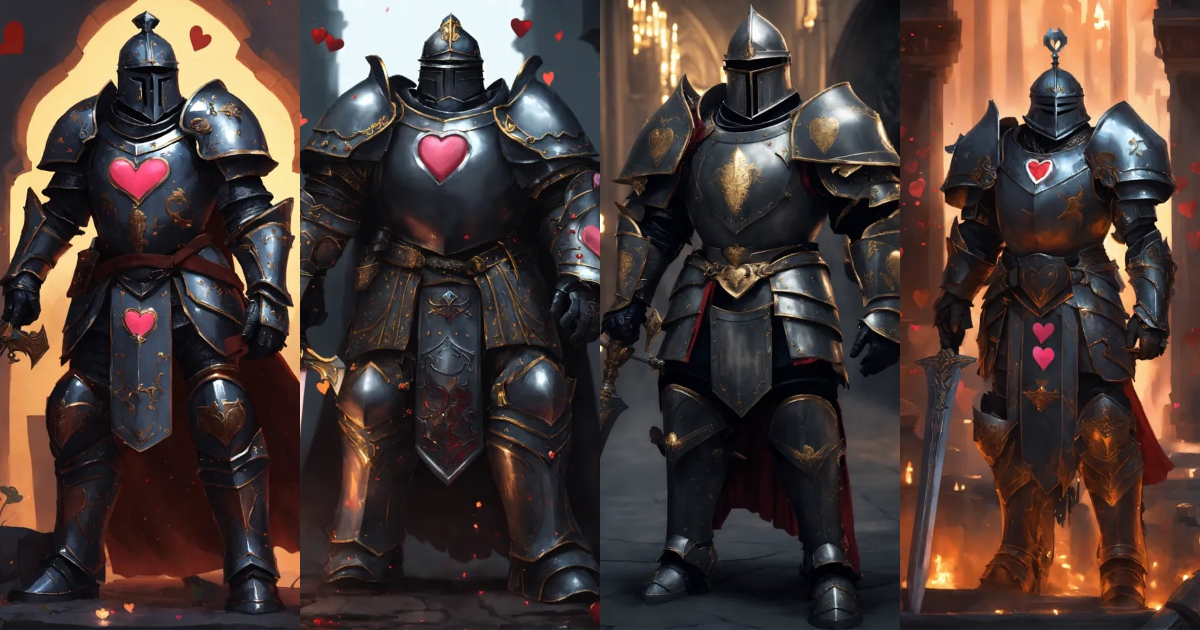 Lexica - Giant knight in dark gray armor with heart shaped decorations ...