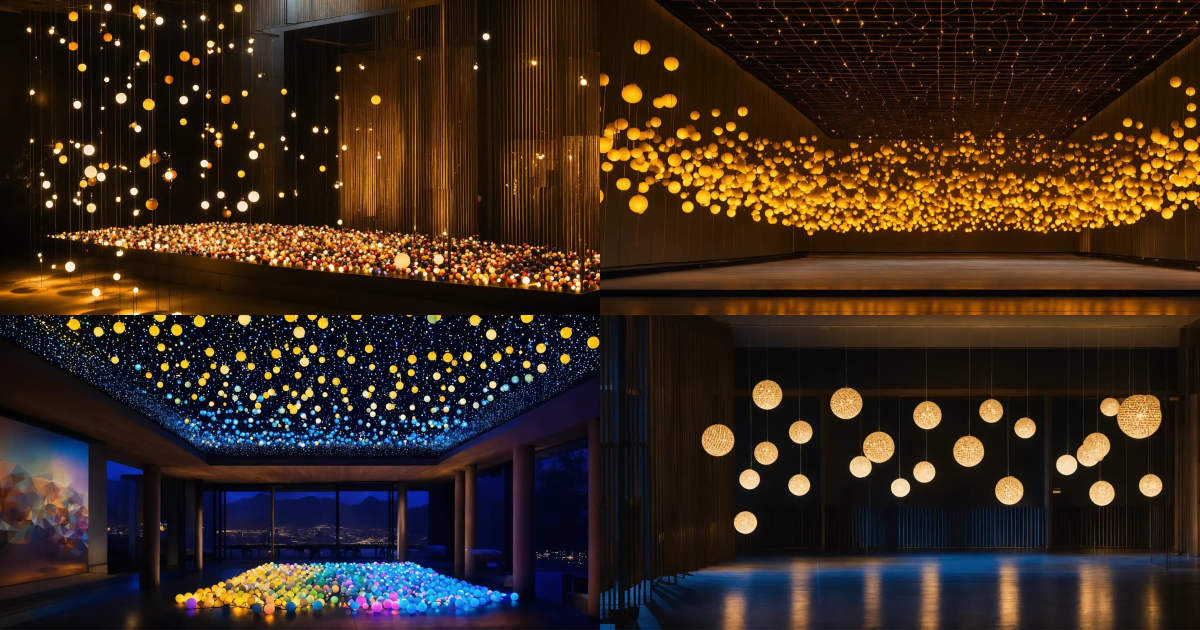 Lexica - "Create an image of 50 radiant light balls suspended in a dark ...