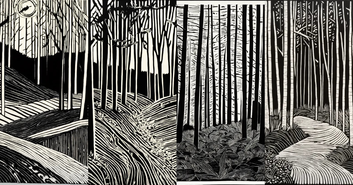 Lexica - Linocut, art drawing abstract forest, bold lines, black and white
