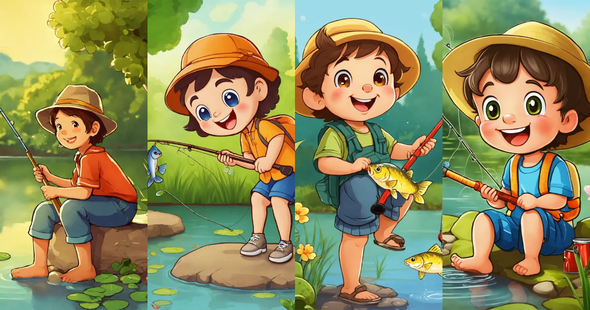 Lexica - A happy child who is fishing by the pond and has just caught a ...
