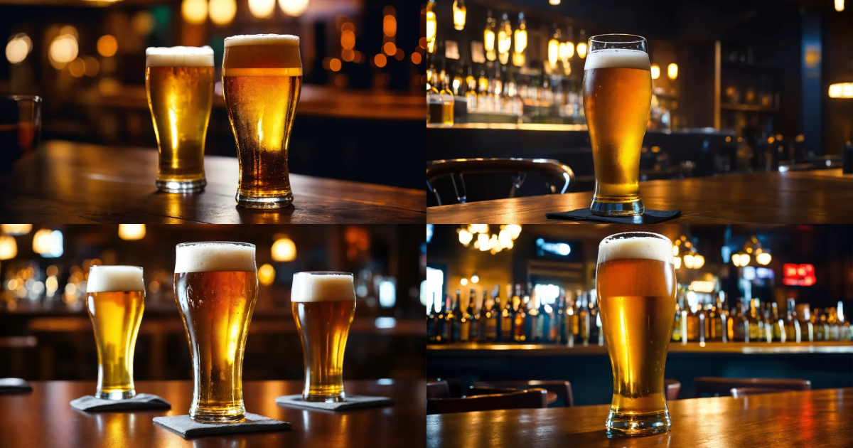 Lexica - Glasses of beer, dark mood, front view, beer bar in background
