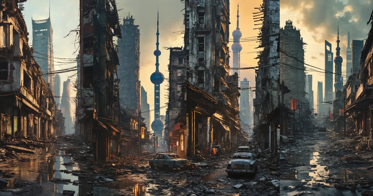 Lexica - Shanghai in ruins, destroyed city, dystopian retro futuristic ...