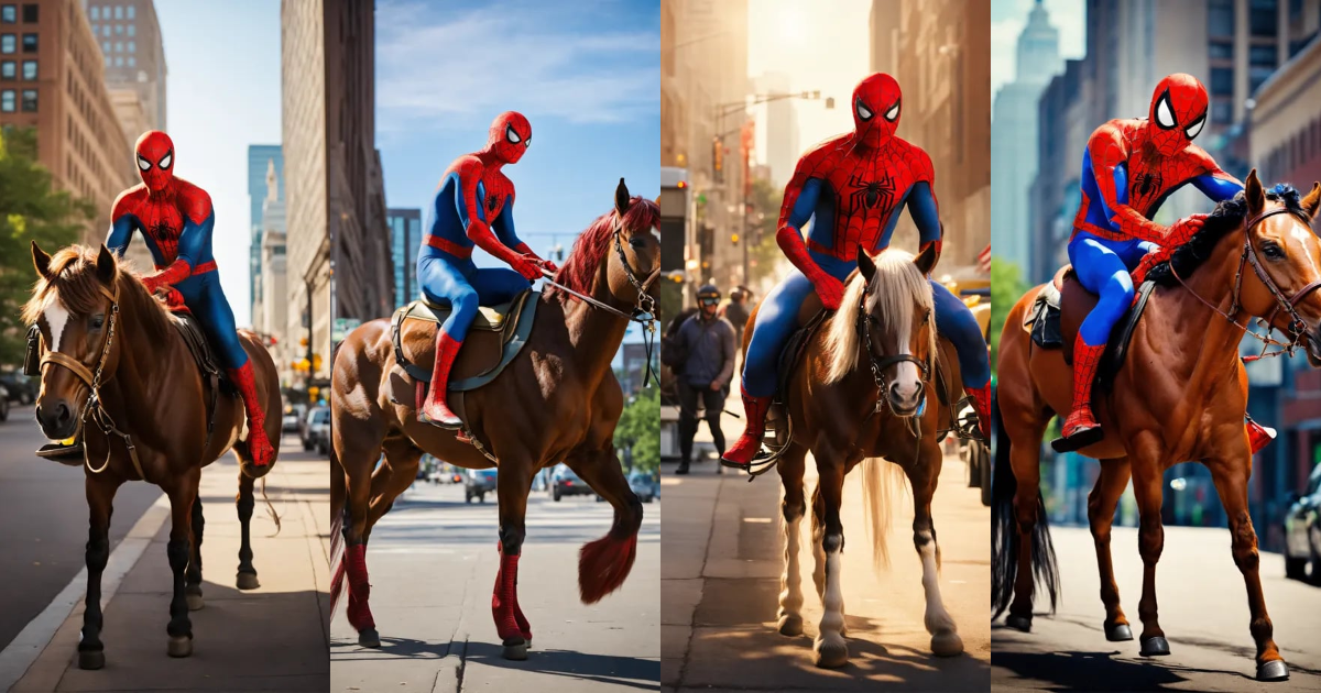 Lexica - Spider man riding a pony to work. downtown. realistic. funny.