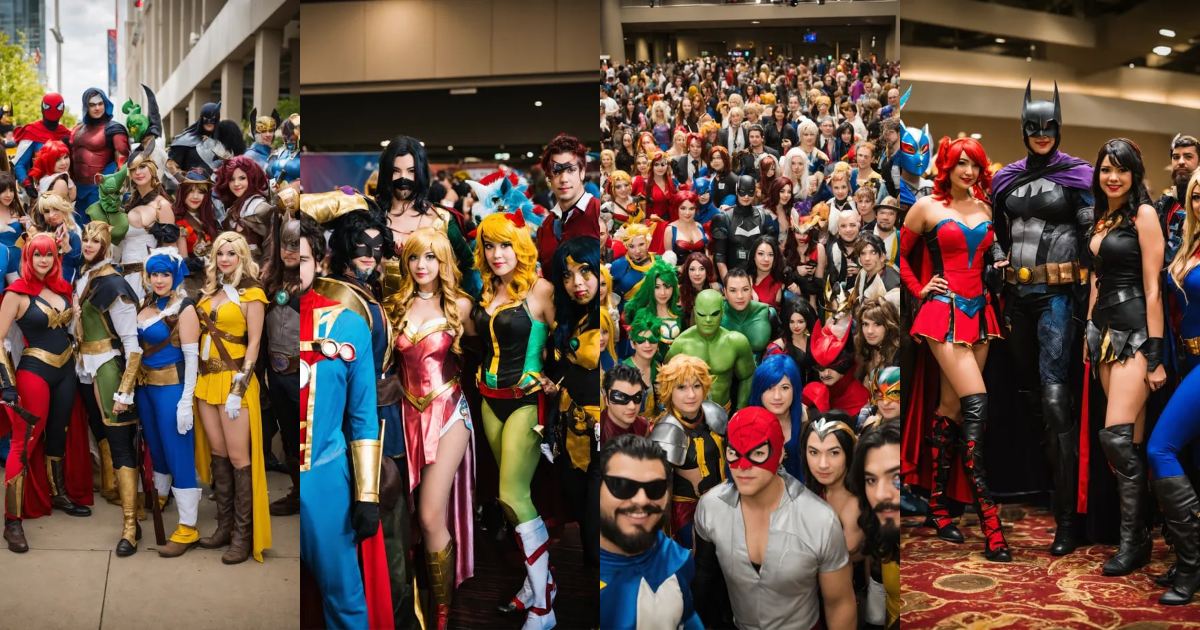 Lexica - Comic con group photo, lots of different cosplay, shot on Sony Alpha