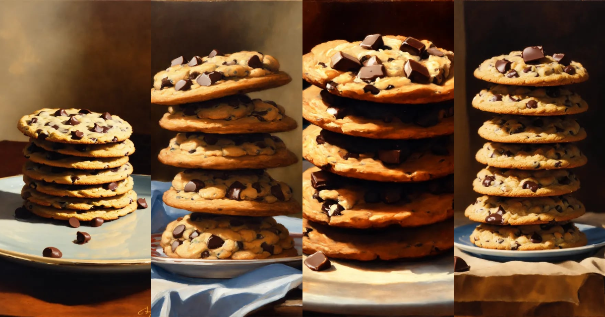 Lexica - Still life oil painting of a stack of chocolate chip cookies ...