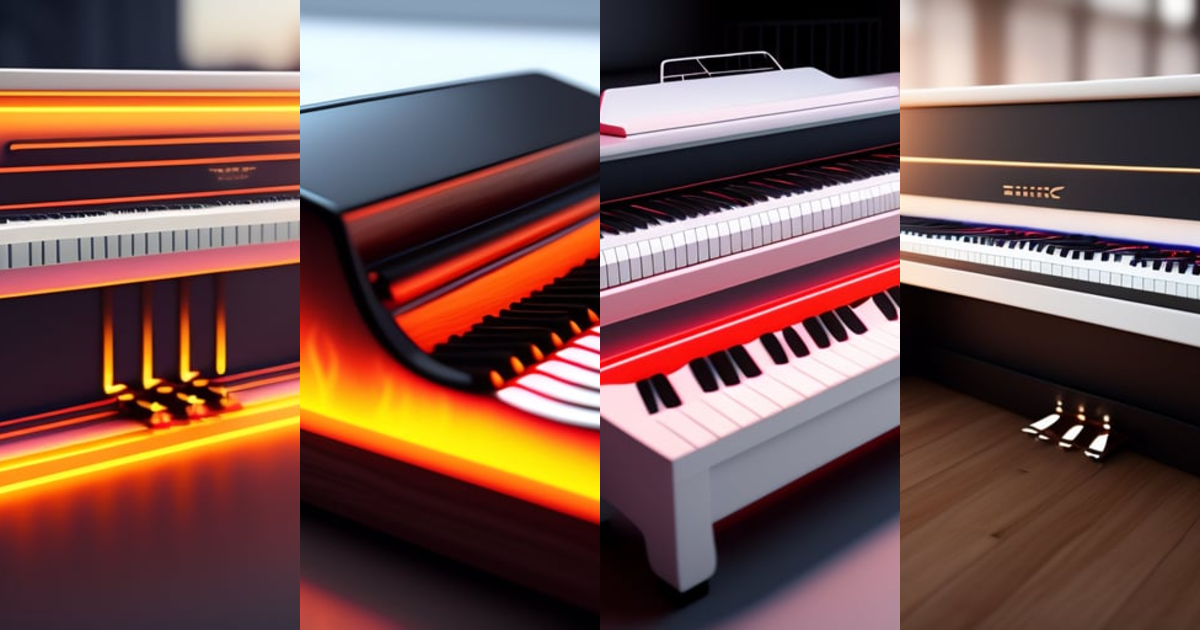 Lexica - Epic white keyboard piano, 4 wooden legs with flames, neon ...
