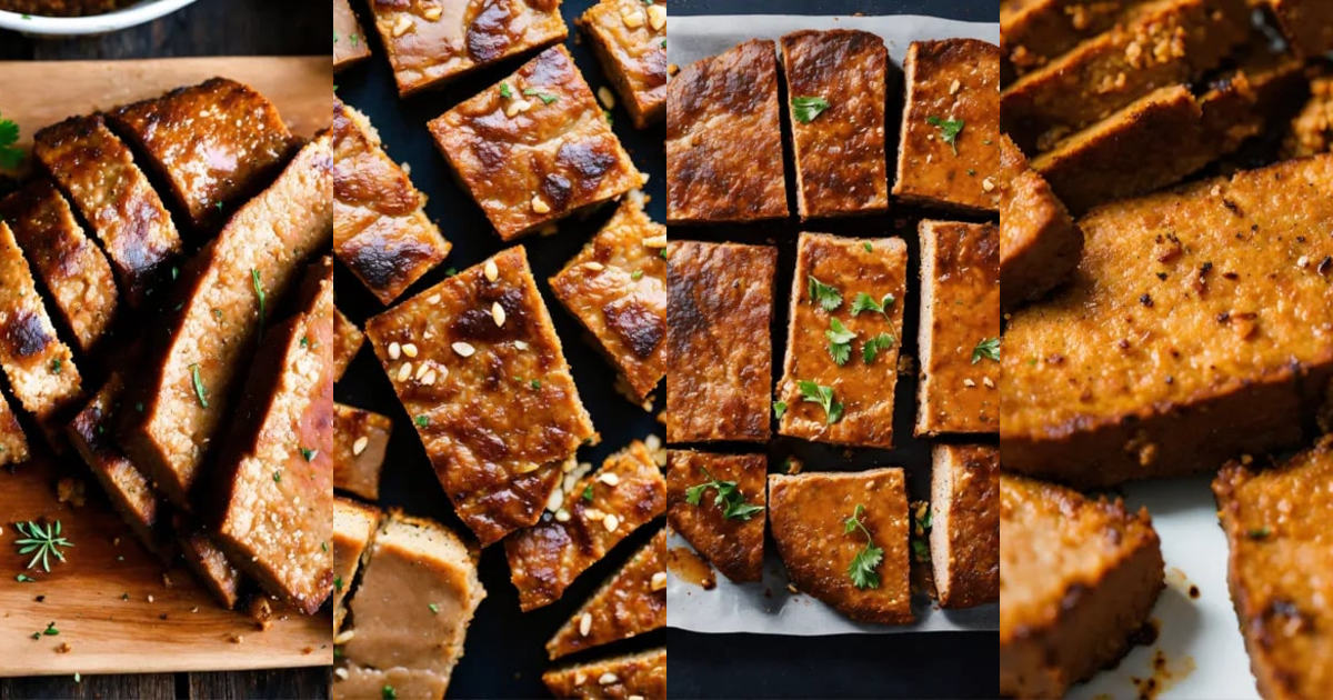 Lexica - Slices of roasted seitan on a table from above