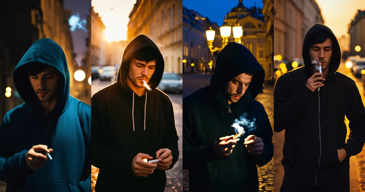 Lexica - Russian man with black hair in hoodie, smoking a cigarette in ...
