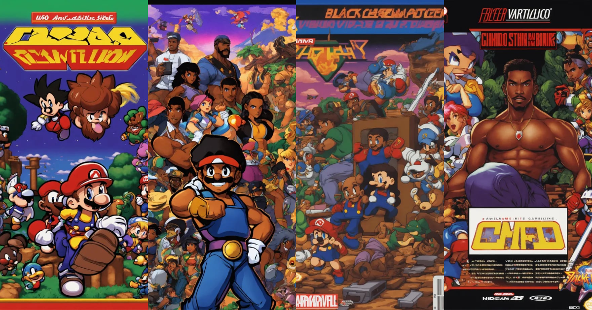 Lexica - 16bit black characters with video game cover snes