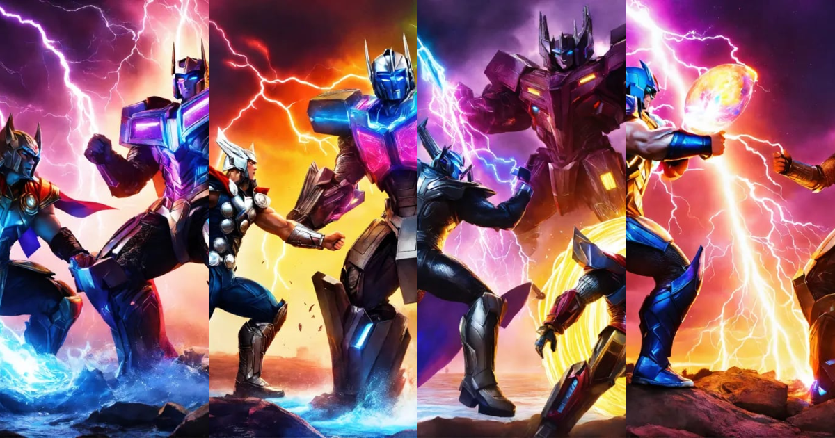 Lexica - Glowing dark thor vs transformer Megatron god rainbow water ...