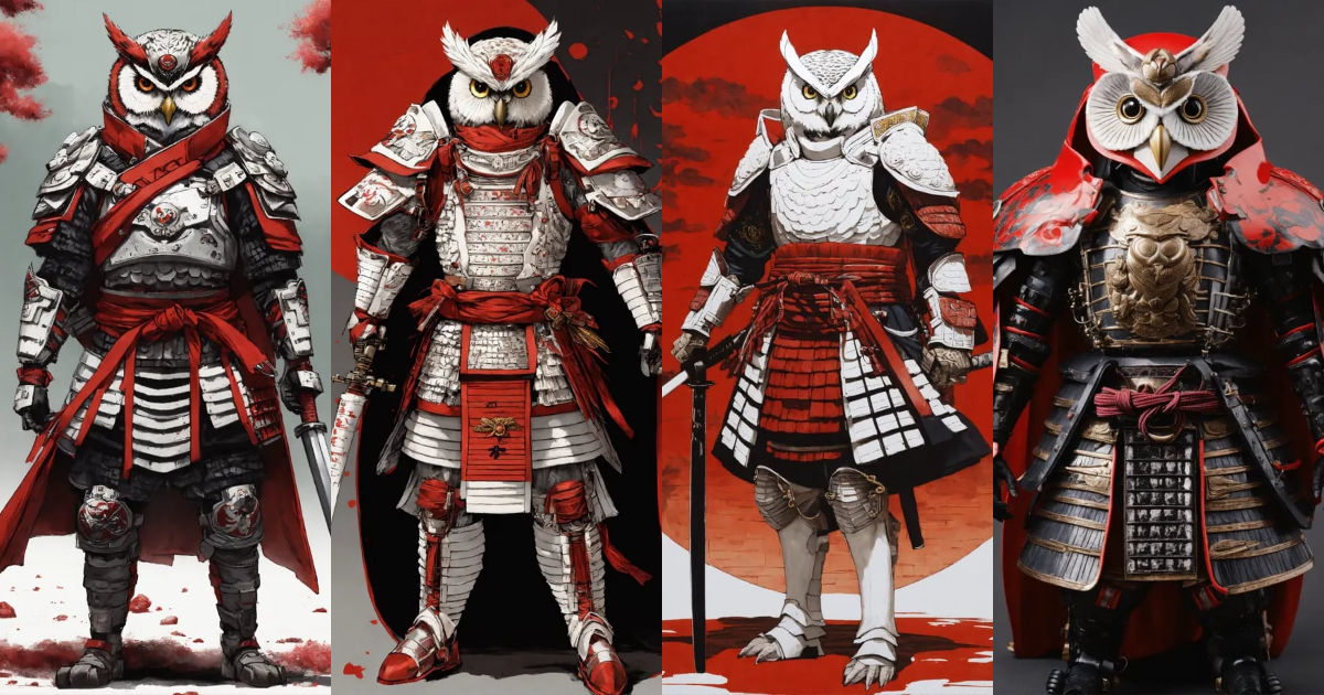 Lexica - Owl humanoid, samurai armor, white, black, red, Katsuhiro ...