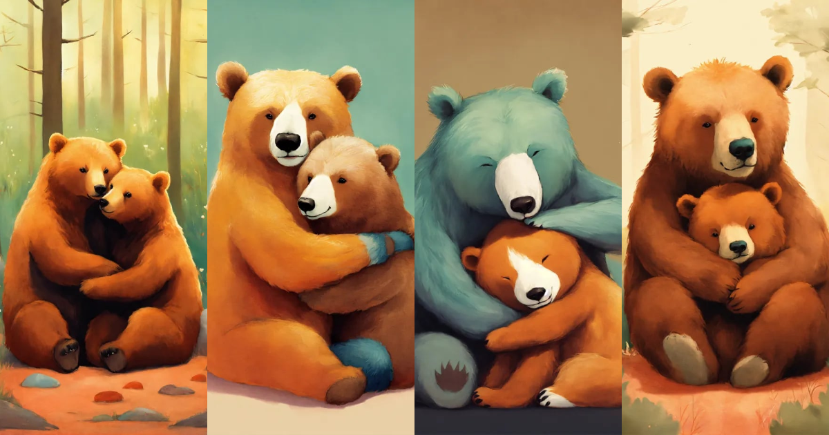 Lexica - Happy bears cuddling, cute critters, by oliver jeffers