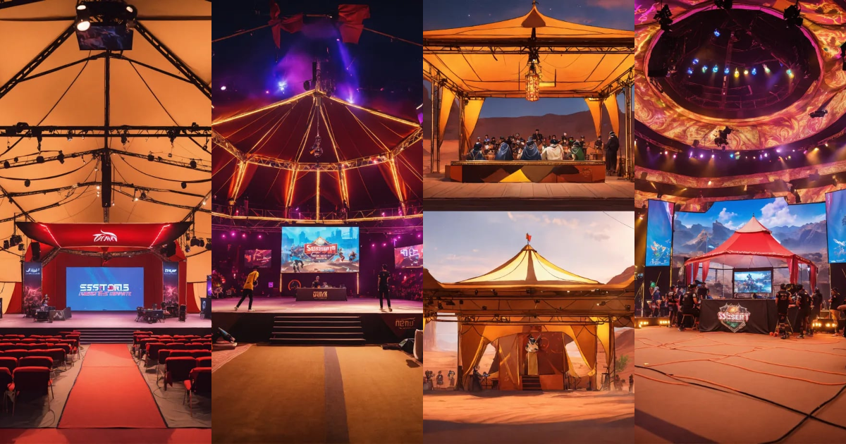 Lexica - Generate an image of a small esports venue's desert tent style ...