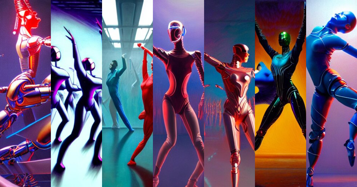 Lexica - Synthetic cyborg dancing ballet, cold colours, sharp textures ...