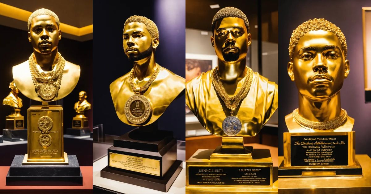 Lexica - A gold bust of the rapper Juvenile in a museum with awards