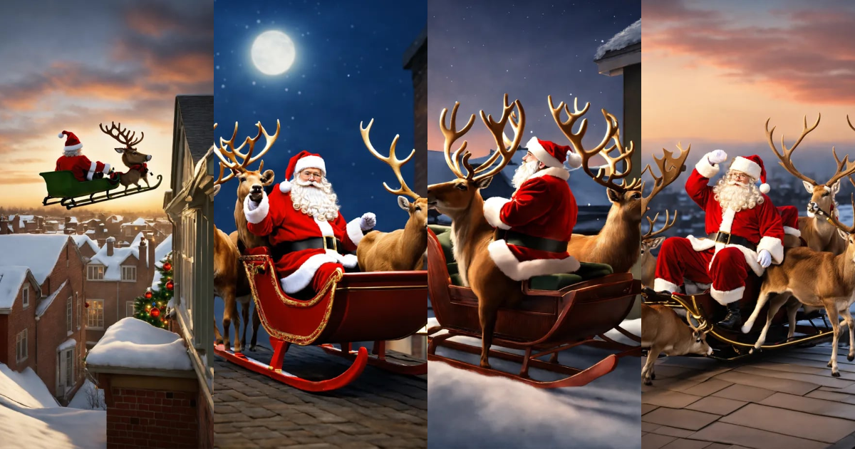 Lexica - A realistic Santa in his sleigh eight reindeer pulling it ...