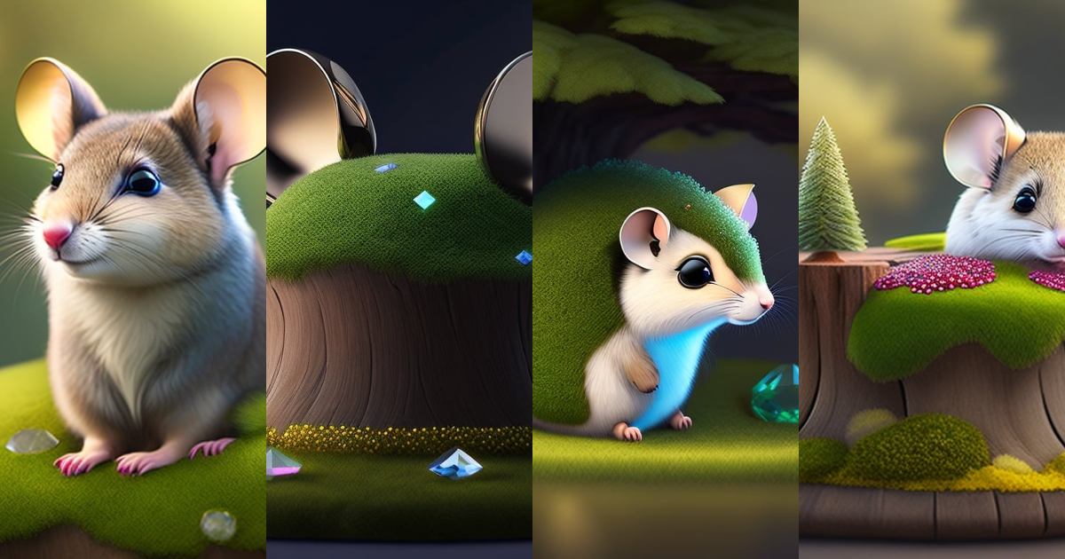 Lexica - Mia the mouse The magical, moss-covered tree stump with its hollow filled with ...