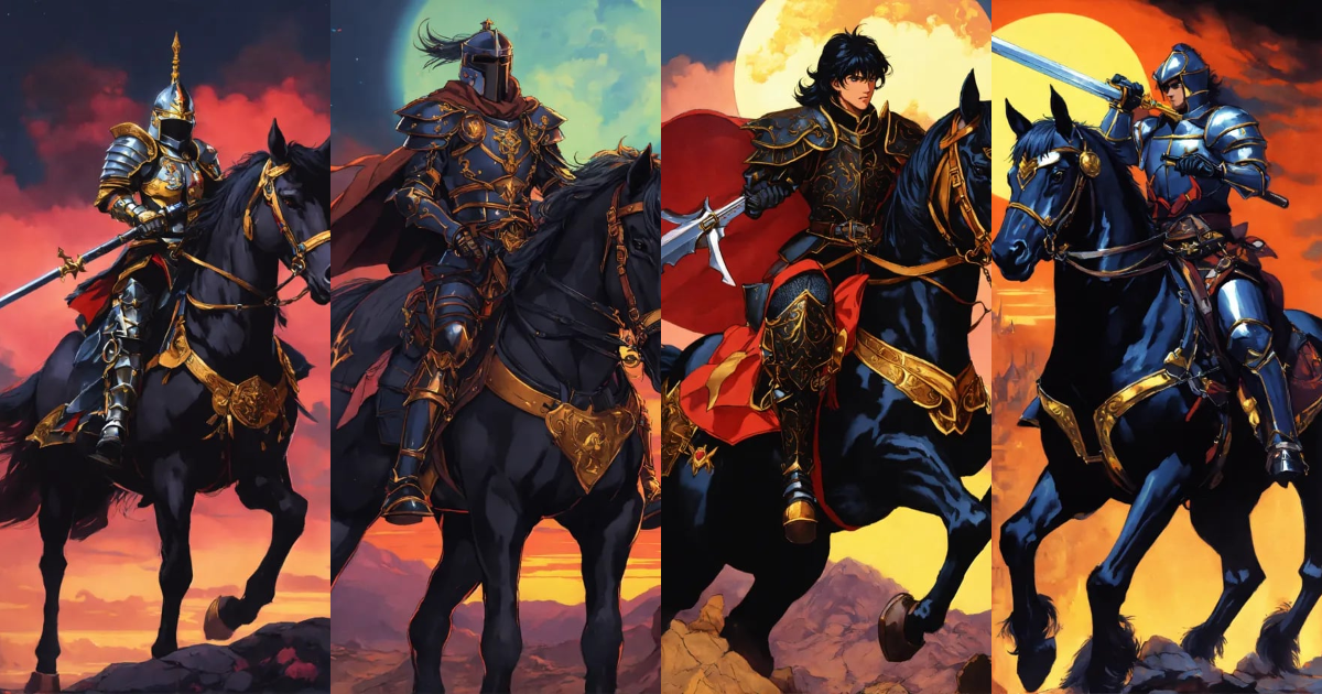 Lexica - 80s anime fantasy black knights mounted