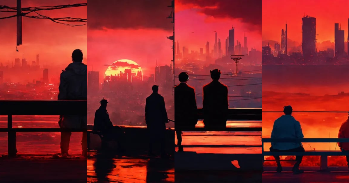 Lexica - A view of the destroyed Night City skyline in red haze at ...