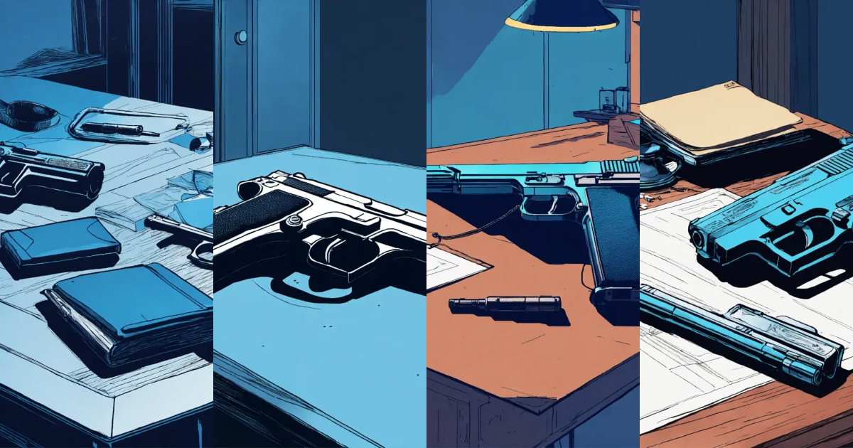 Lexica - Crime screen gun on table, detective lineart moody blue simple