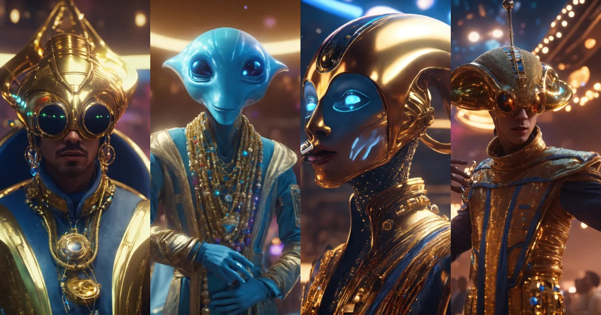 Lexica - Zoom out from a funny male alien humanoid wearing a fancy ...