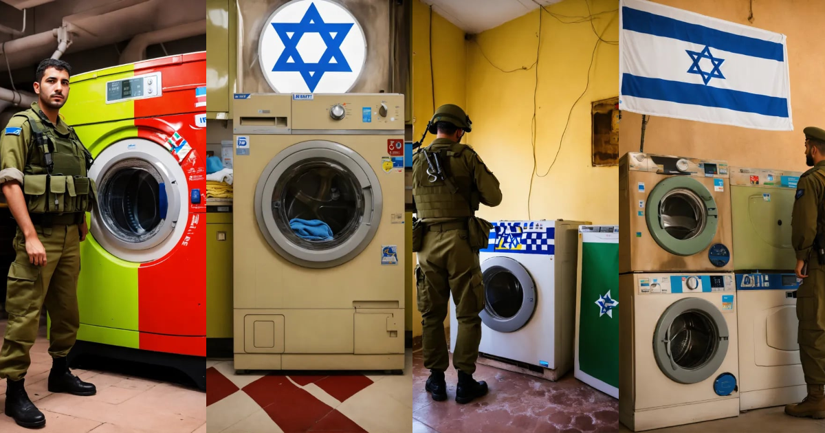 Lexica - An Israeli soldier stands next to a washing machine in the ...