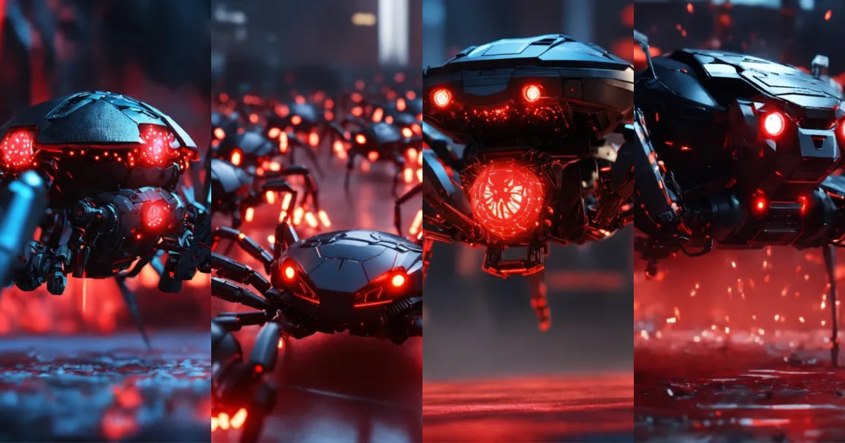 Lexica - Hundreds of black armored robotic spiders with glowing red ...