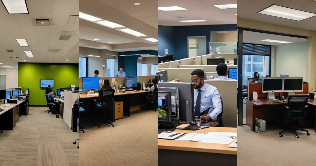 Lexica - A photo of a business banking office. The office is clean and ...