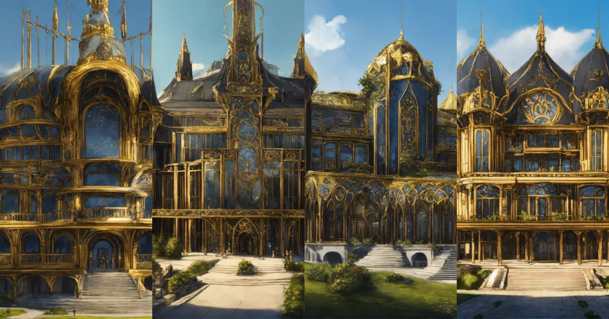 Lexica - Drawing of the full image of a massive black and gold elegant high elf sci fi palace in ...