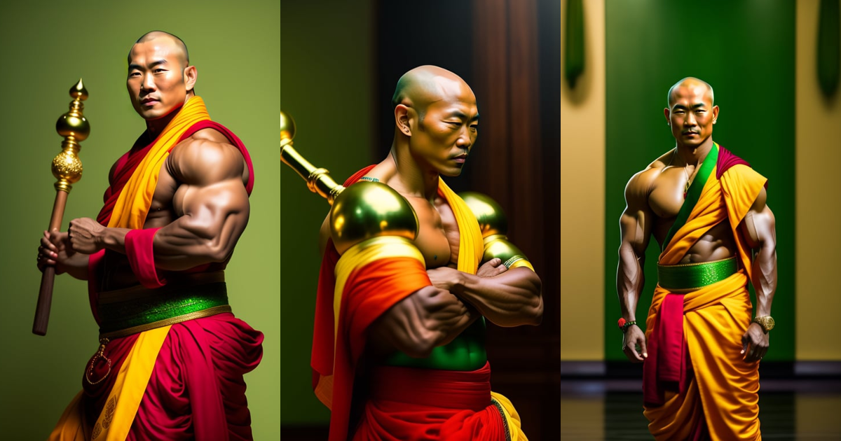 Lexica - Asian monk with bulging muscles and green and gold cloth pants ...