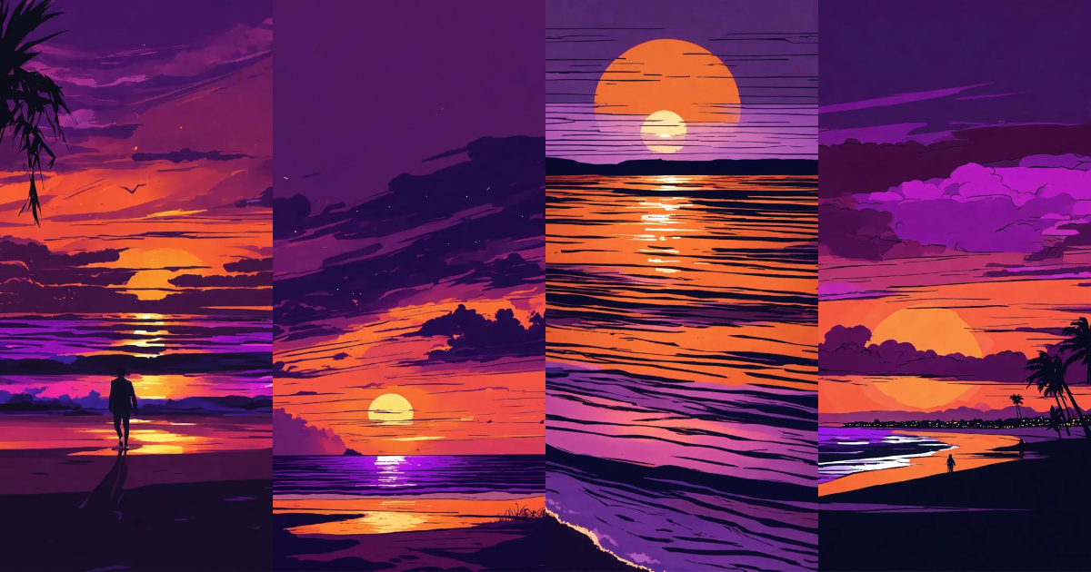 Lexica - Beach, dark purple sunset with orange, comic type