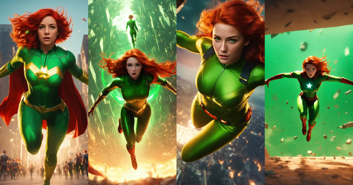 Lexica - Red-haired, green-eyed female superhero, floating down out of ...