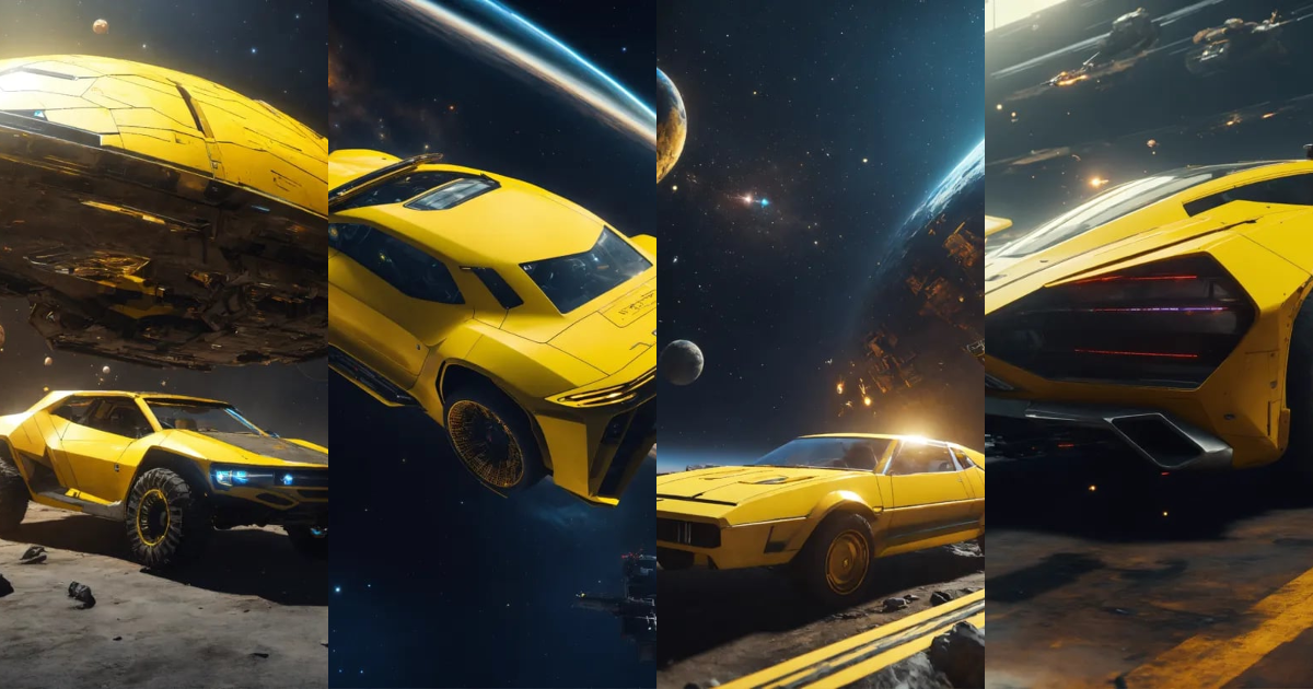 Lexica - Sleek flying yellow beat up futuristic clunker car shooting ...