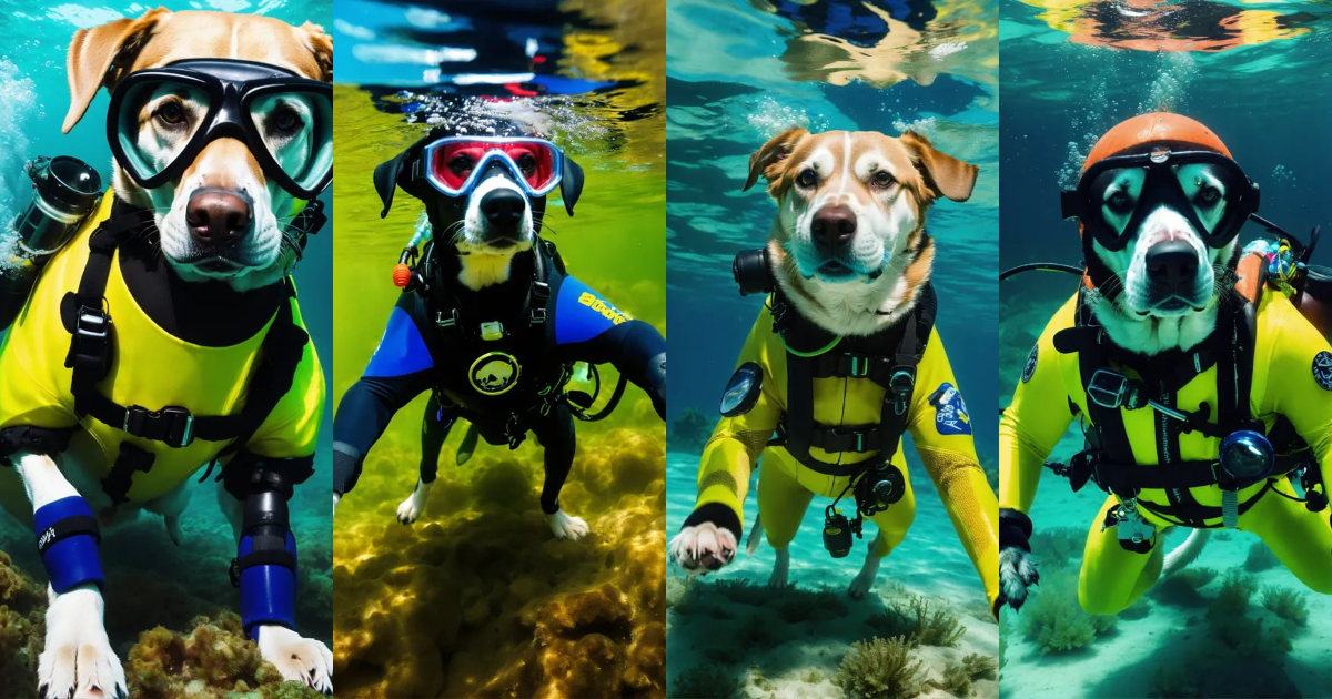 Lexica - Generate an image of a dog biking underwater in a scuba diver ...