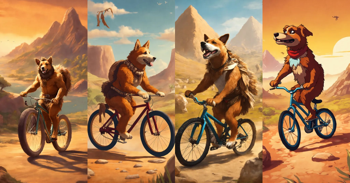 Lexica - Design an image of a dog biking through a prehistoric ...