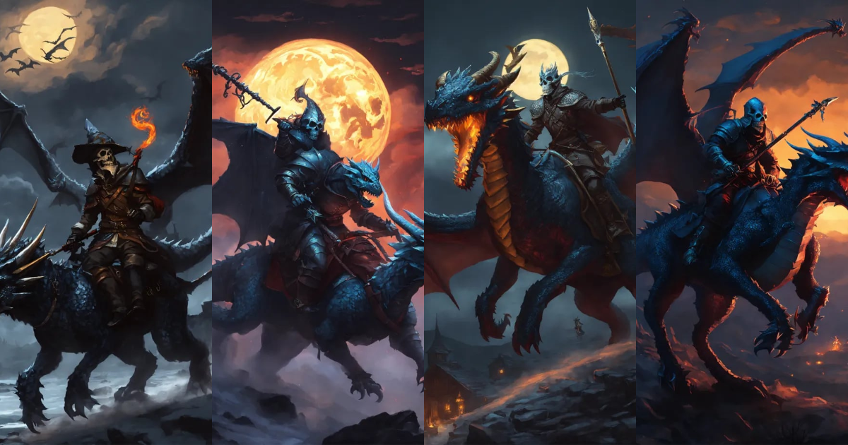 Lexica - Skeltons riding dragons through a cold dark night, spooky, dnd